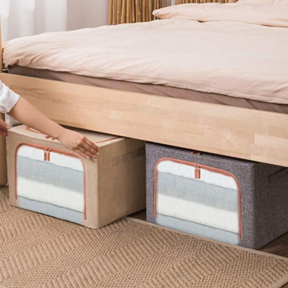 OJIMO Foldable Clothes Storage Bins 2 Pack,Stackable Metal Frame Storage Box w/Reinforced Handle, Stackable Thick Linen Fabric Closet Organizer Set with Clear Windows, Sturdy Zippers(15.4x11.4x7.9in)