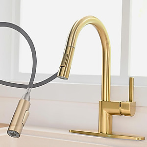 FROPO Gold Kitchen Faucet with Pull Down Sprayer - Modern Single Handle Pull Down Kitchen Sink Faucet with Deck Plate | Commercial Kitchen Faucet for 1 & 3 Hole Stainless Steel Brushed Gold