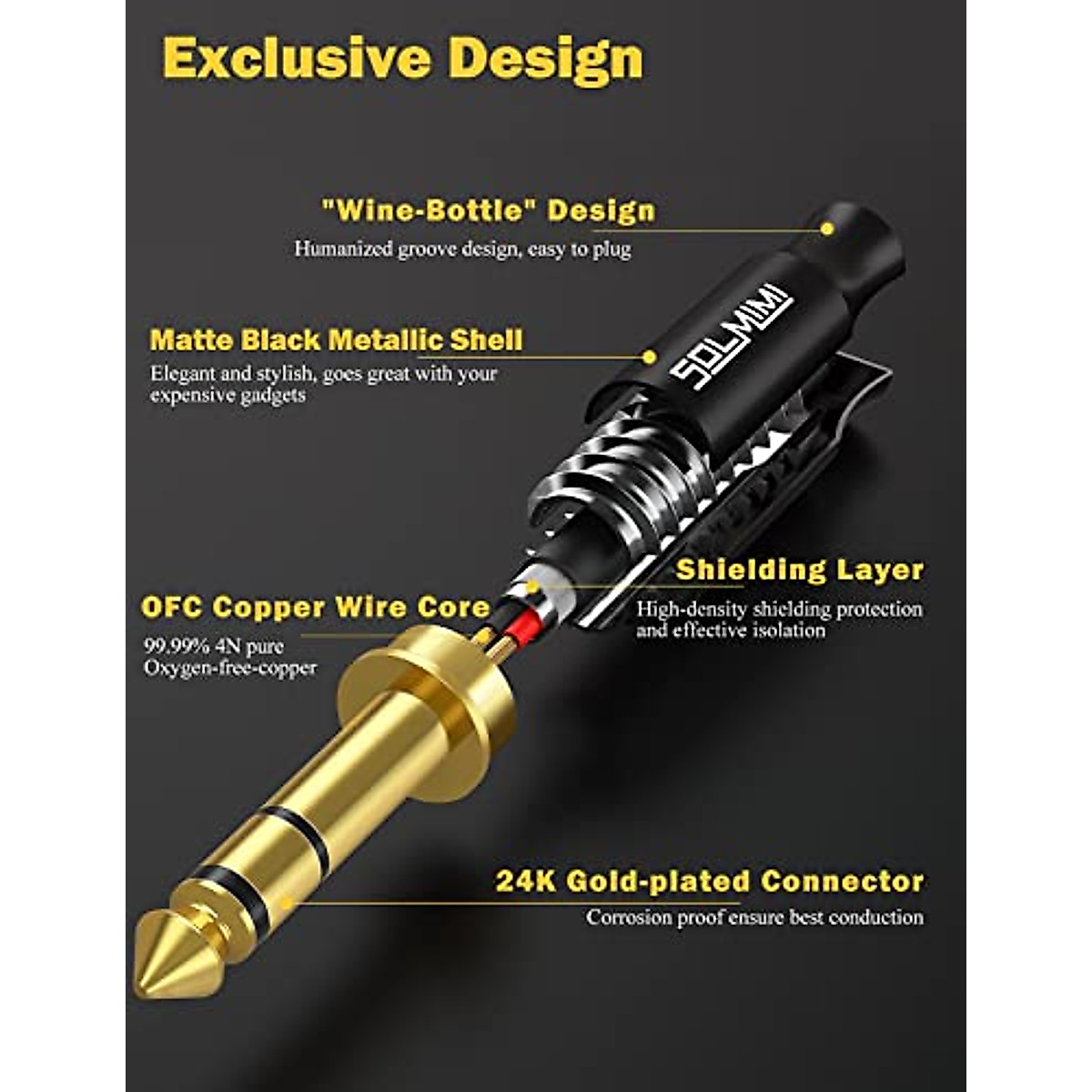 SOLMIMI 1/4 to 3.5mm Adapter, 6.35mm Male to 3.5mm Female Stereo Adapter, Lossless 3.5mm to 1/4 Adapter, Headphone Jack Adapter for Mixer Guitar Piano Amplifier Speaker or More - Matte Black(30cm)