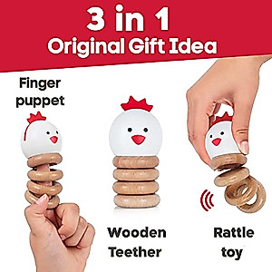 Kipod Wooden Baby Toy- Newborn Teething Toy & Wooden Baby Rattles 0-6 Months - All-Natural and Safe Material Wooden Rattle for Baby - Premium Wood Baby Teether Toy with Smooth Edges - Cute Chick