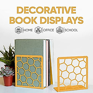 Premium Geometric Gold Honeycomb Bookends for Shelves, Metal Book Ends for Office, L-Shaped Book Stopper, Rustproof Bookends Decorative Unique for Home, 6.25 (L) x 6 (W) inches, 1 Pair - Geomod