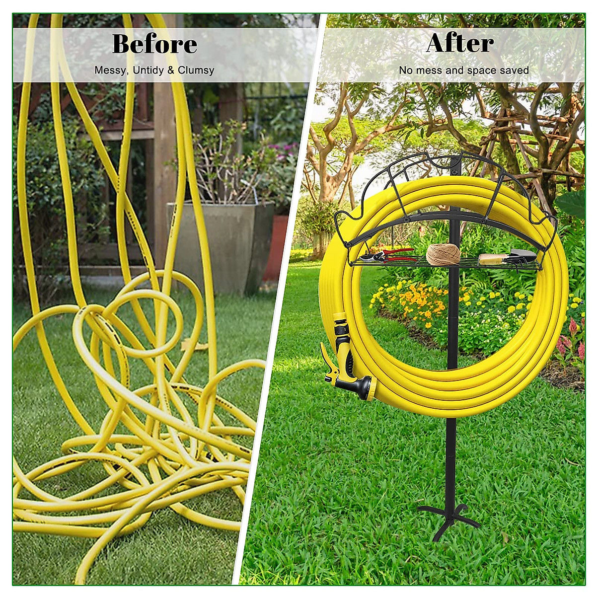 AUHOKY Freestanding Garden Hose Holder 4 Spiky Feet, Heavy Duty Deatachable Outdoor Garden Hose Holder Stand with Tools Storage Basket, Decorative Water Pipe Reel Organizer for Yard Lawn Patio (Iron)
