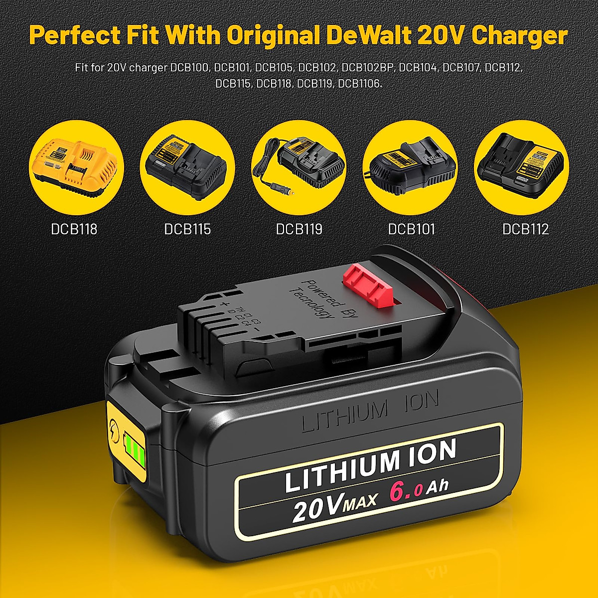 Futurebatt 20V Max Battery for DEWALT 20-Volt MAX Tools 6.0Ah Lithium Battery Replacement DCB206 DCB205 DCB204 DCB203 DCB201 DCB200 DCB181 DCB180 DCD DCF DCG DCS Series