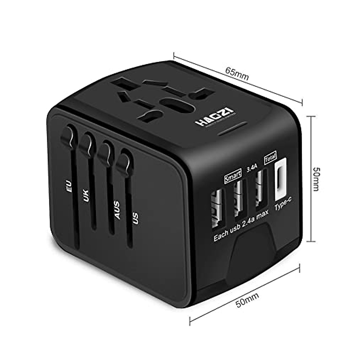 Travel Adapter, HAOZI Universal Travel Adapter - 3 USB + 1 Type C in One Travel Charger with UK/US/AUS/EU Plugs and Socket, International Power Adapter Wall Charger (Black)