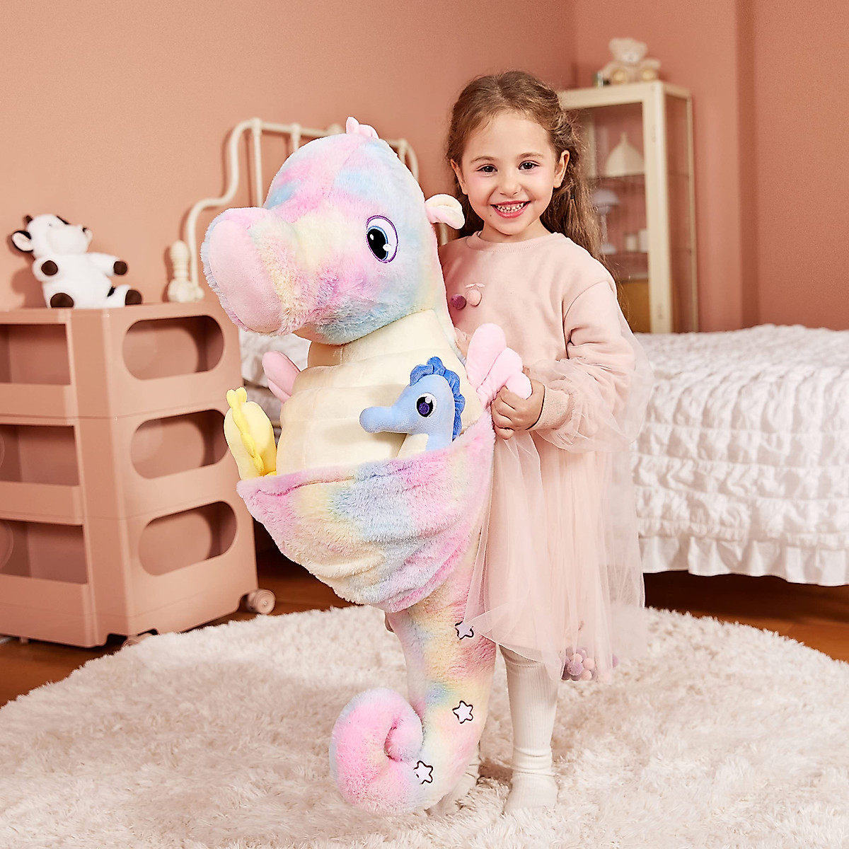 IKASA Giant Seahorse Stuffed Animal Plush Toy,30" Large Sea Horse Cute Jumbo Soft Toys,Huge Big Size Plushy Plushie with Two Babies,Gifts for Kids