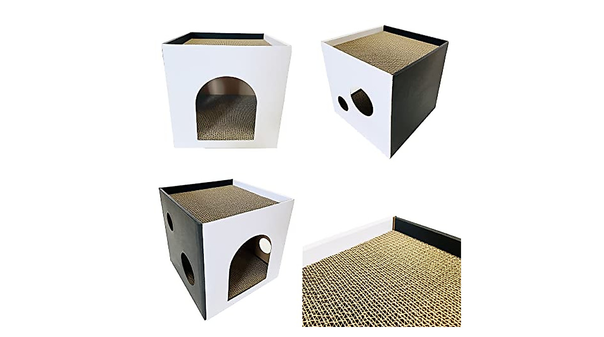 Corrugated Cardboard Cat House & Scratcher for Indoor Cats with Hammock ...