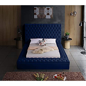 Meridian Furniture Bliss Collection Modern | Contemporary Velvet Upholstered Bed with Deep Button Tufting and Storage Compartments in Rails and Footboard, Queen, Navy