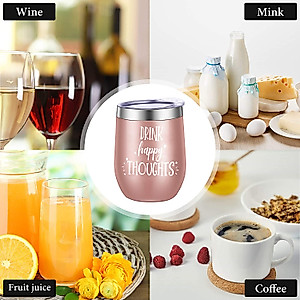 Drink Happy Thoughts 12 oz Insulated Wine Glass Tumbler Cup with Lid - Rose Gold Stainless Steel Iced Coffee Mug Stemless Cup- Unique Birthday Gifts Idea for Women Girl
