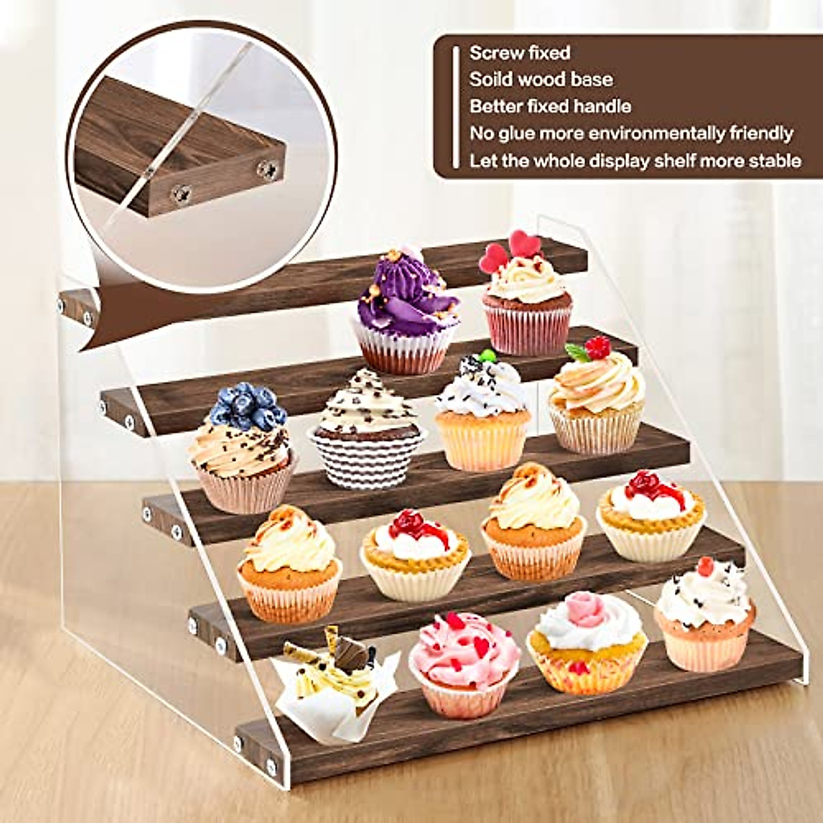 DILIBRA 5 Tier Wood Display Stand for Pop Figures, Clear Acrylic Display Riser Shelf for Vendors Amiibo Funko Cupcakes Perfumes Candies Cosmetics Decoration and Organizer