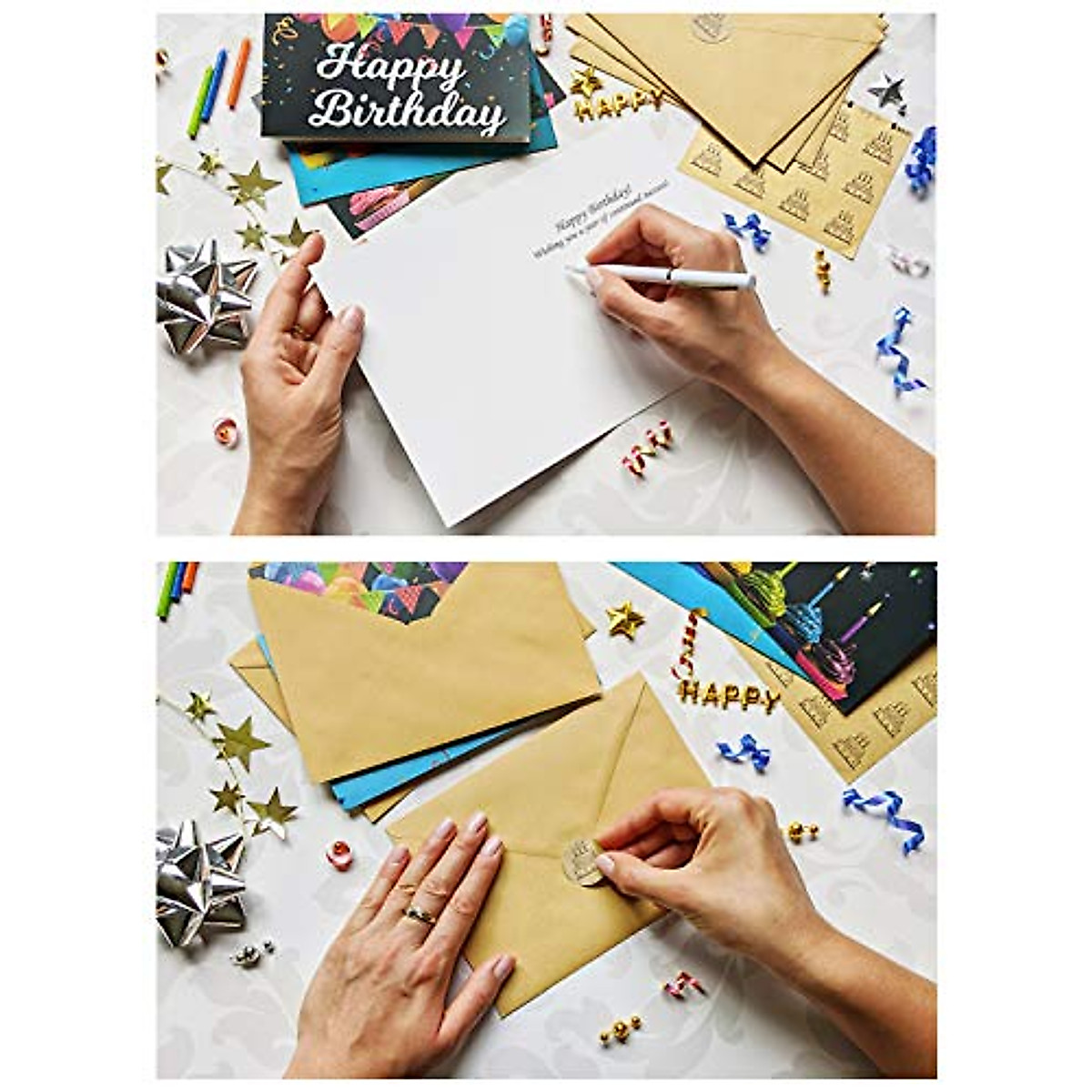 Happy Birthday Cards with Envelopes and Stickers – 20 Unique Designs Greeting Notes, 4x6 Inches when Folded, Thick Cardstock, Matte Finished in a Sturdy Box