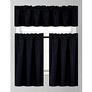 Elegant Home Collection 3 Piece Solid Color Faux Silk Blackout Kitchen Window Curtain Set with Tiers and Valance Solid Color Lined Thermal Blackout Drape Window Treatment Set #K3 (Black)