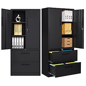 STANI 2 Drawer Lateral File Cabinet, Metal Storage Cabinet with Drawers, Locking File Cabinet with Storage Shelves, Metal Storage Cabinets for Letter/Legal/F4/A4 Size Files (Two Drawer, Black)