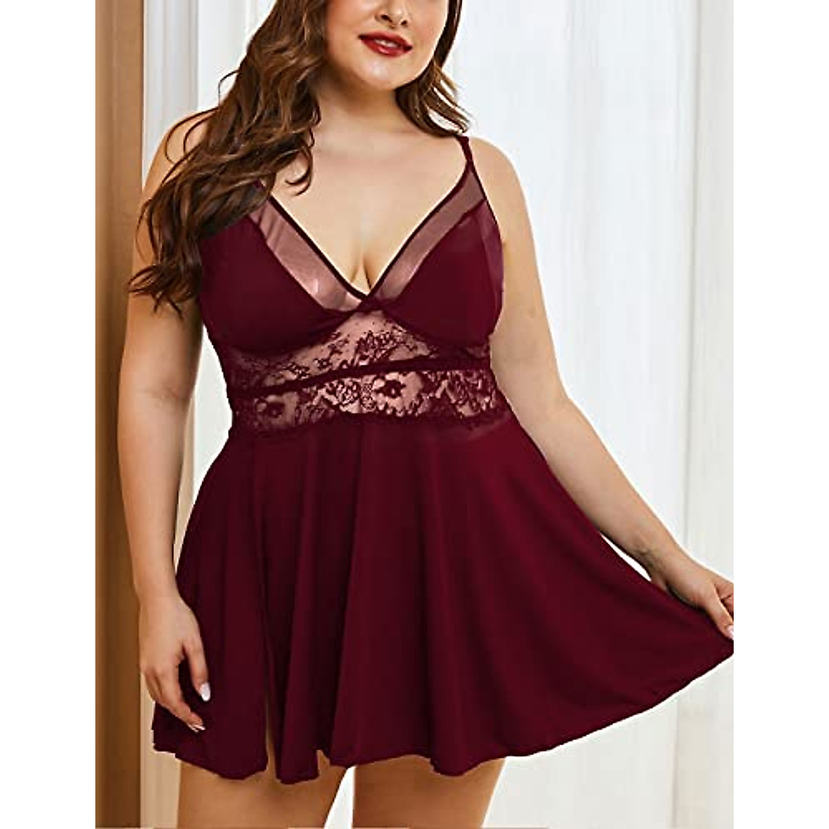XAKALAKA Women's Plus Size Lingerie Babydoll Front Slit Lace Mesh Chemise Sleepwear Wine XL