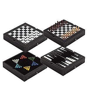 GSE 12.5" Premium Leather 4-in-1 Chess, Checkers, Backgammon and Chinese Checkers Board Game Combo Set. Board Strategy Game for Kids & Adults