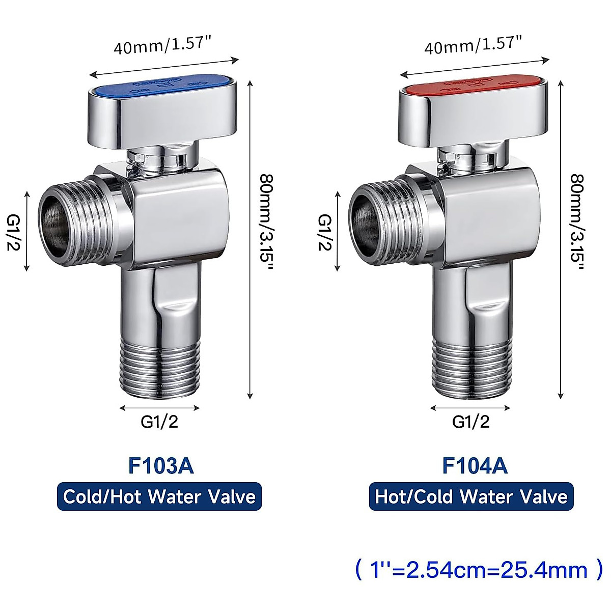 SUBMARINE Angle Stop Valve, Brass Material, 1/2'' Inlet and Outlet Caliber, 1/4 Turn Shut Off Valve, With 3/8'' Adapter, Hot and Cold Water, Suitable for Kitchen, Bathroom and Pipeline