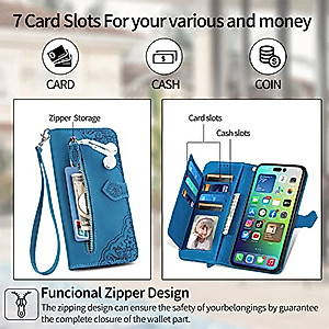 ONV Wallet Case for OnePlus N20 - with Zipper Wrist Strap Emboss Flower Flip Phone Case Card Slot Magnet Leather Shell Flip Stand Cover for OnePlus N20[SZY] -Blue