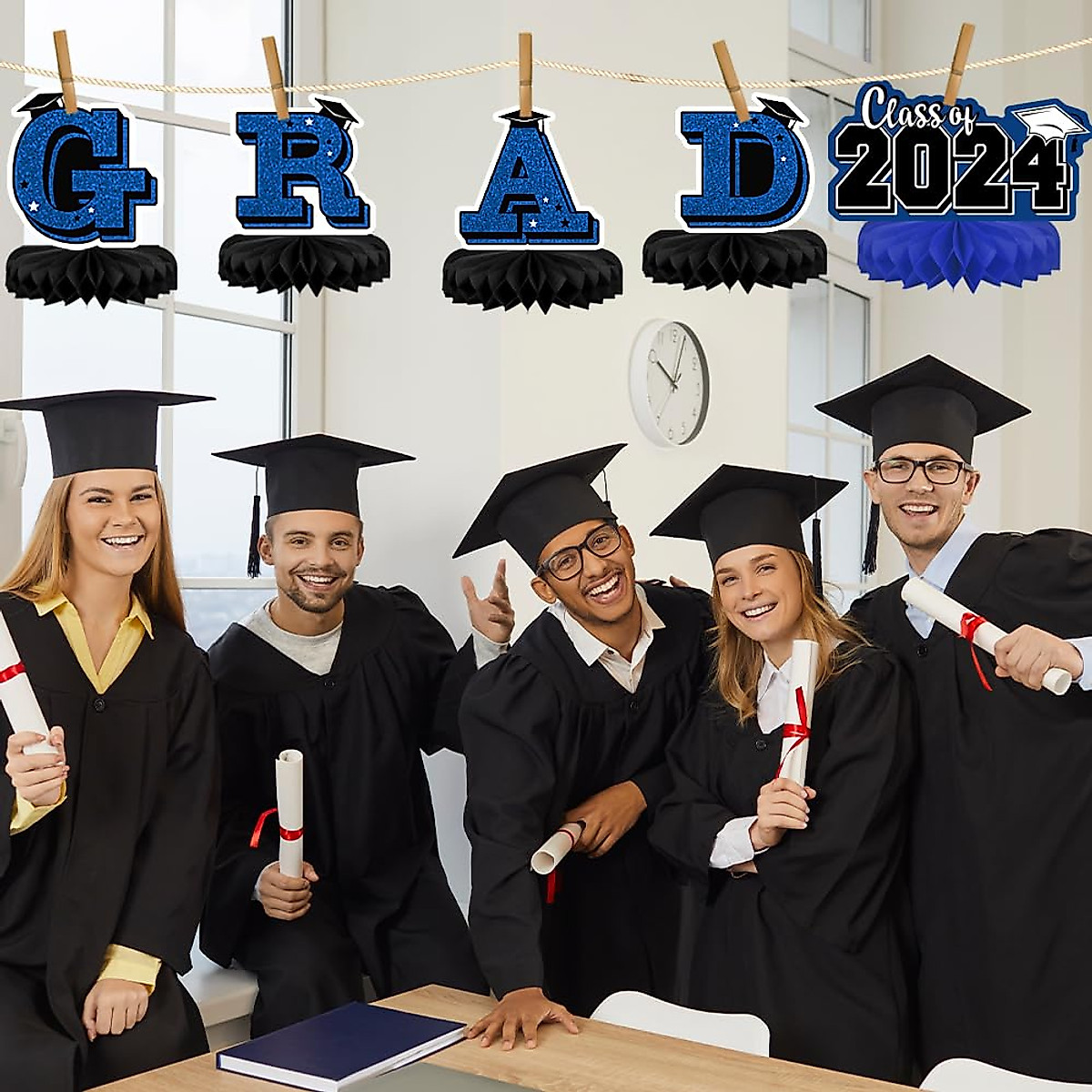 AKEROCK Graduation Decorations Class of 2024, 9Pcs Honeycomb Table Graduation Centerpieces for Graduation Party Decorations, Table Toppers Graduation Decor - Graduation Party Supplies(Blue, Black)