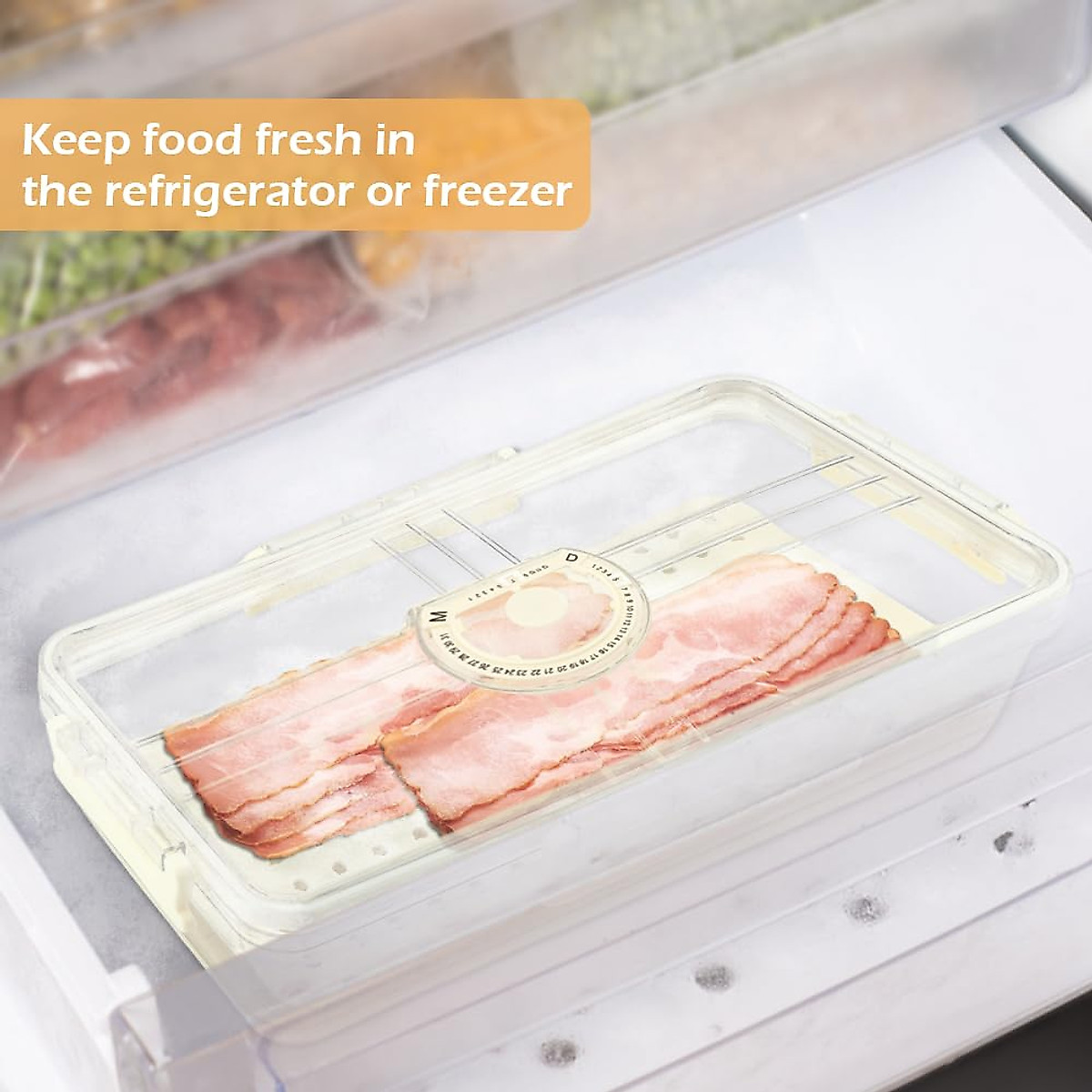 Quixleen Bacon Container for Refrigerator with Food Serving Tong and Small Square Storage Box Bacon Keeper with Sealing Lid Draining Plate Recording Function on the Lid