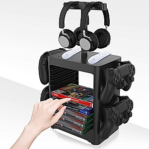 eLUUGIE Multifunctional Game Disk Storage Tower Holder for PS5 Game Disc Holder and Controller/Headset Stand/Headphone Holder Compatible with PS5/PS4/ Xbox Series X/Switch