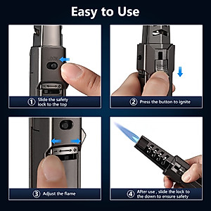 Butane Torch, Refillable Kitchen Torch Lighter with Safety Lock Adjustable Flame Solar Beam Torch Blow Torch with Safety Lock for BBQ Baking Fireplace (Butane Gas Not Included) (Black-2)