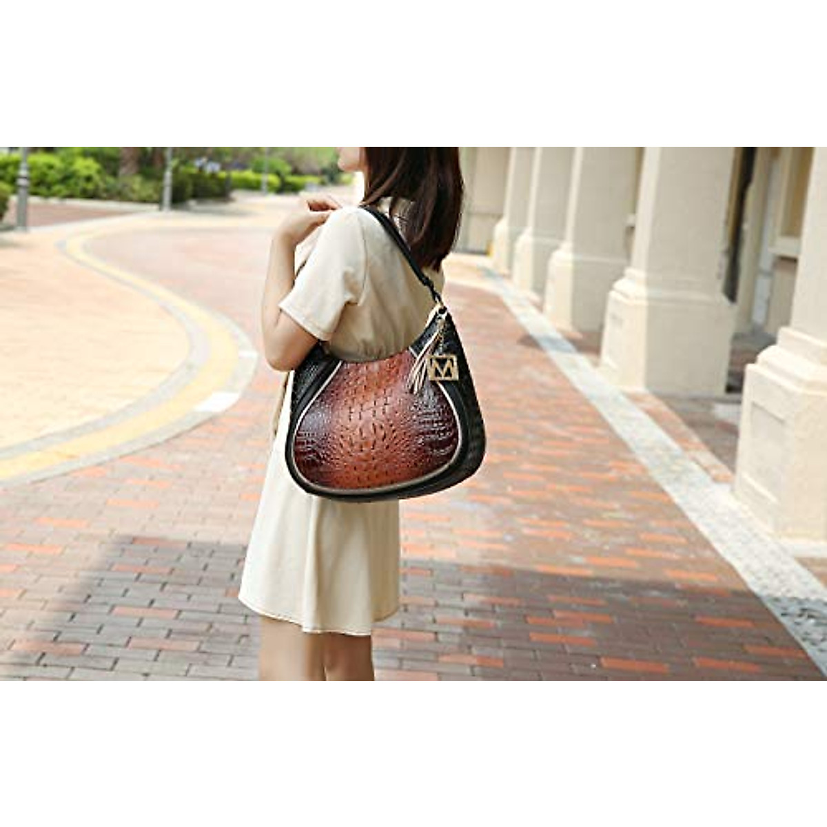 MKF Hobo Bag for Womens Fashion – PU Leather Shoulder Purse Tassel, M Charm – Top Handle Multi-pocket Handbag Brown