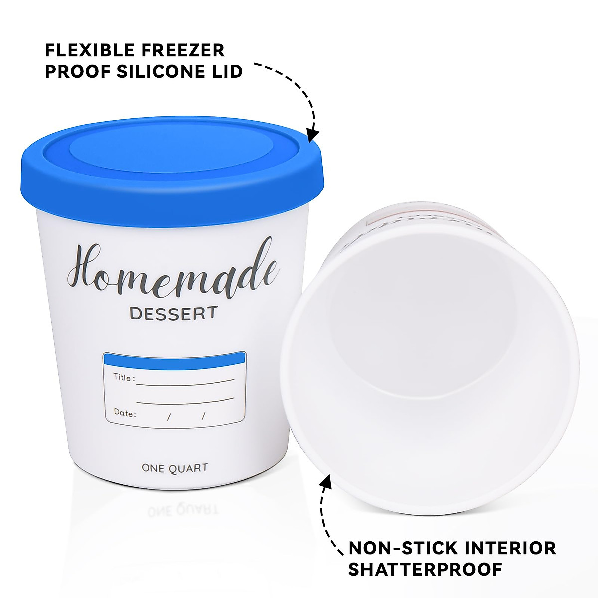 DIKENLAND Ice Cream Containers for Homemade, 4 Pack Ice Cream Containers Set 1 Quart Each, Reusable Ice Cream Storage Containers for Freezer with Silicone Lids, Stickers and Scoop