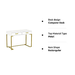 Tribesigns White and Gold Desk with 2 Drawers, White Writing Desk, 40 Inches Computer Desk, Simple and Modern Desk
