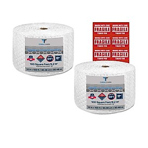 Bubble cushioning wrap 200 ft² (2 Rolls of 100 ft x 12" Wide) 1/2" Large Bubble- Perforated Every 12''- With 10 Fragile stickers by Fresh Farm LLC