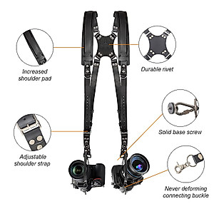Kasla Camera Strap,Camera Straps for Photographers,Leather Dual Camera Strap for Two Two DSLR/SLR Cameras (Black)