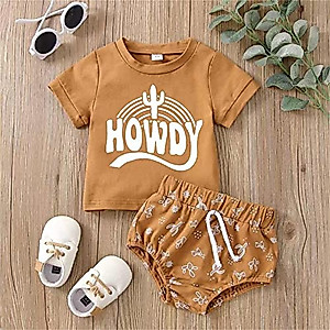 vchoohce Baby Boy Summer Clothes Short Sleeve Letter Print T-shirt Top Shorts Set 6 12 18 24 Months Infant Boy Outfit (Cactus Howdy-Brown,0-6 Months)