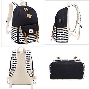 BAGTOP School Canvas Backpack Set - 15" Laptop Backpack with USB Charger Port Travel Daypack Bookbag + Drawstring Backpack + Purse/Clutch Pouch(Black-4)