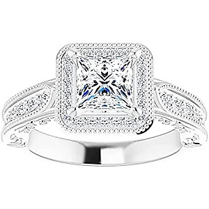 Moissanite World 1CT Princess Cut Colorless Moissanite Engagement Ring Wedding Band Gold Silver Eternity Solitaire Ring Halo Ring Vintage Antique Anniversary Promise Gift Her (7)