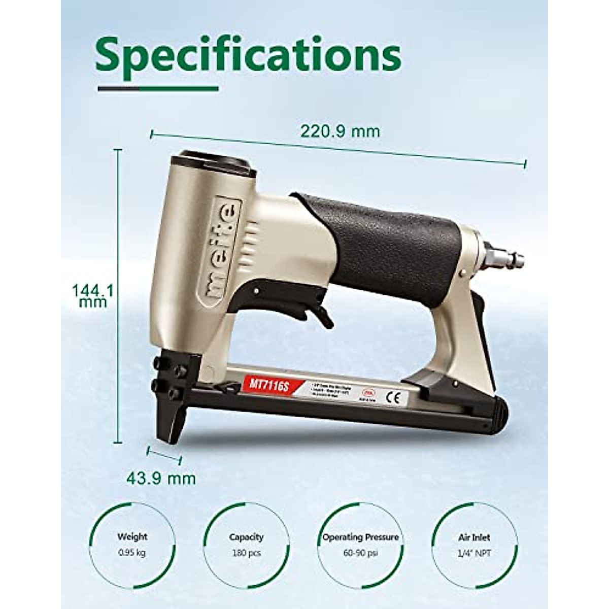 meite MT7116S Pneumatic Upholstery Stapler 22 Gauge 71 Series 3/8" Crown Industrial Fine Wire Stapler with Safety
