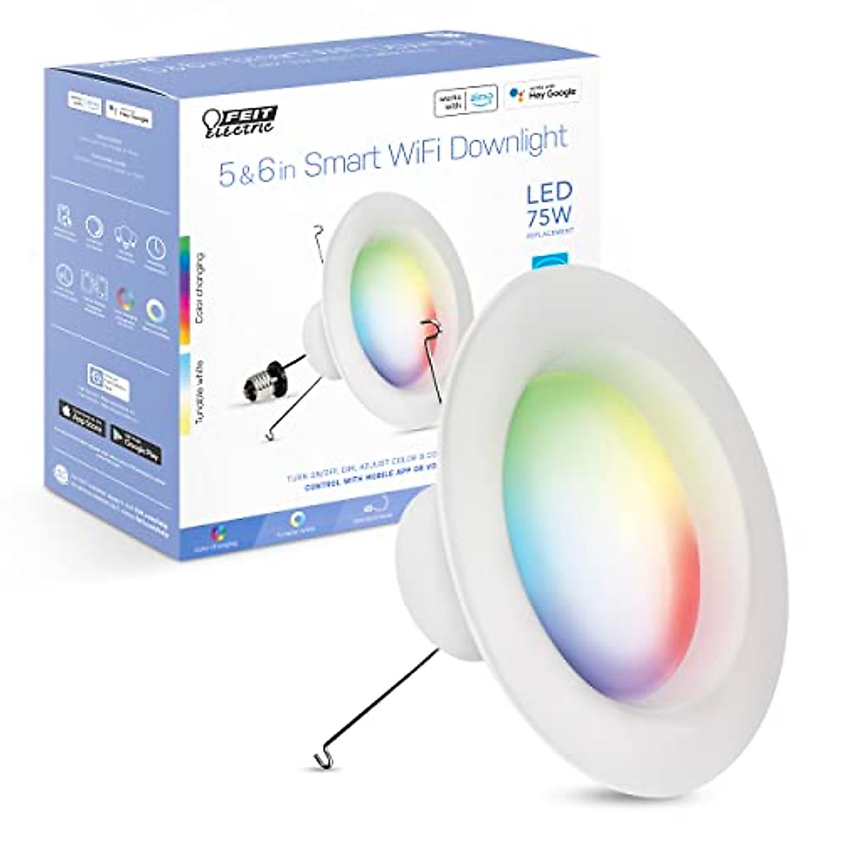 Feit Electric Smart Recessed Light, Fits Most 5-6" Can Housing, Works with Alexa or Google Assistant, Dimmable, 75W Equiv, 1000 Lumens, 2.4GHz WiFi Color Changing Downlight, LEDR6/RGBW/AG, 1 Pack