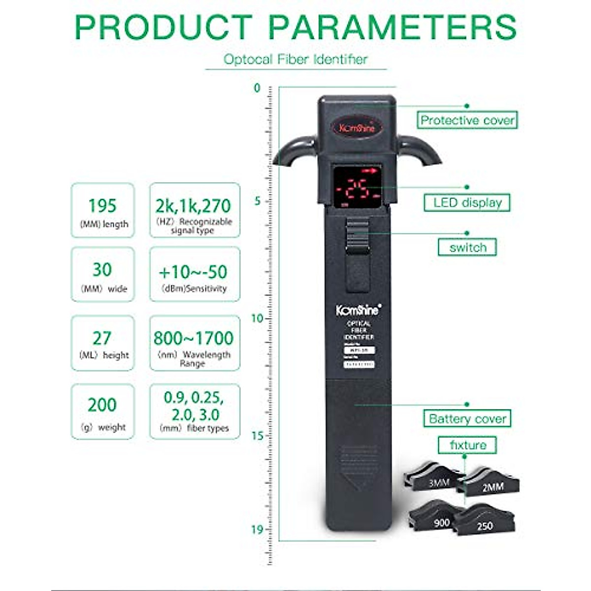 Metal Material Komshine KFI-35 Fiber Optic Identifier Break Checker Get Fast 800-1700nm with 4 Adapters