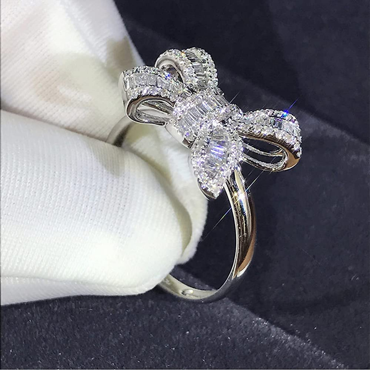Cutesmile 18k Platinum Plated Shiny Cubic Zirconia Crystal Bow-Knot Engagement Wedding Ring (10)