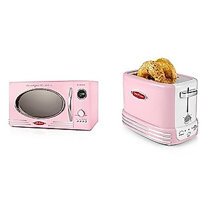 Nostalgia Retro Countertop Microwave Oven - Large 800-Watt - 0.9 cu ft - 12 Pre-Programmed Cooking Settings - Digital Clock - Kitchen Appliances - Pink & Retro Wide 2-Slice Toaster, Vintage Design