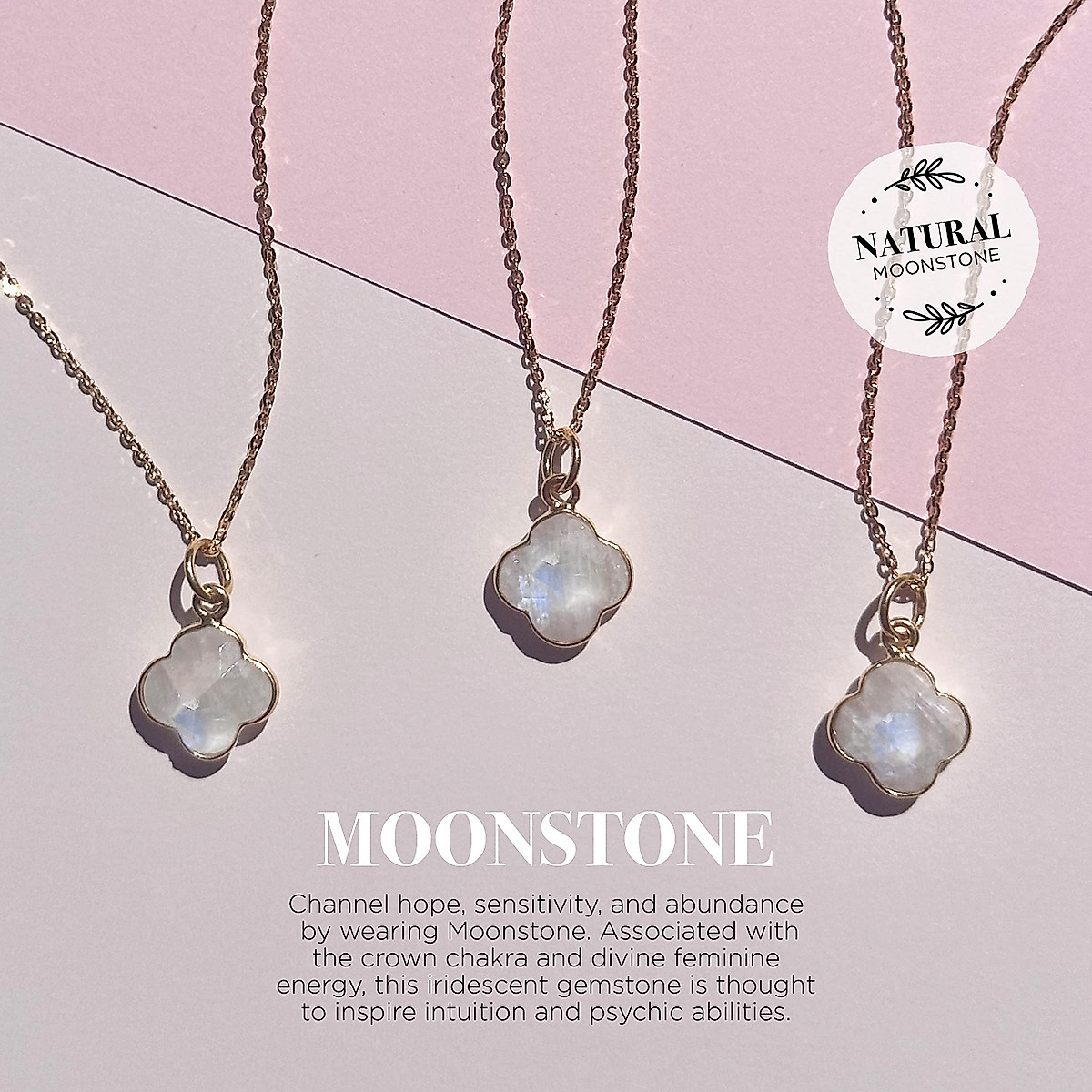 Joyfulmuze Genuine Rainbow Moonstone Clover Necklace, 18kt Gold Over Sterling Silver, Handcrafted Gifts for Women and Girls, Luck Four Leaf Pendant, 18 inches long (Rainbow-Moonstone-Gold)