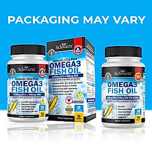 Omega 3 Fish Oil Supplement - 1200mg EPA and 900mg DHA Fatty Acid Per Serving - Supports Joint, Eyes, Brain & Skin Health - Burpless Lemon Flavor, Gluten-Free, 90 Softgels (Packaging May Vary)