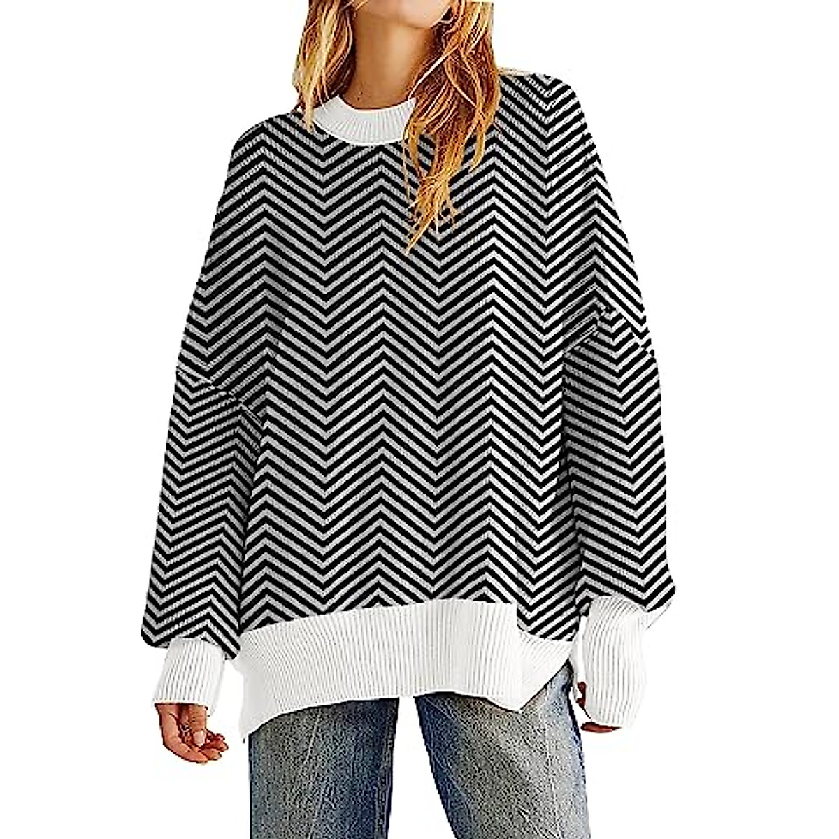 Women's Oversized Crewneck Sweaters Batwing Long Sleeve Side Slit Ribbed Knit Pullover Sweater Tops C-Black