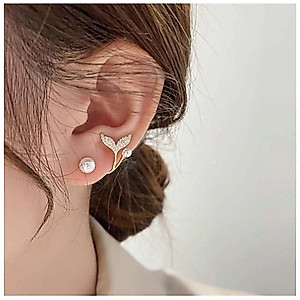 Allereyae Vintage Crystal Fish Tail Ear Jacket Earrings Gold Mermaid Pearl Studs Earrings Whale Tail Earrings Front Back Earrings Jewelry for Women and Girls Gift