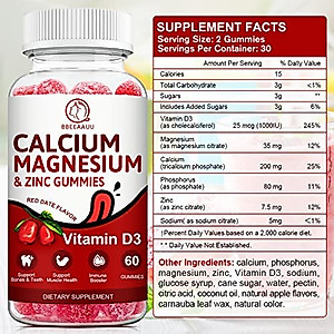 BBEEAAUU Calcium, Magnesium, Zinc & Vitamin D Gummies - 2 Pack | Vitamins for Women, Men & Kids | Calcium Supplements for Strong Healthy Bones, Zinc Gummies, Gluten-Free, Vegan - 120 Count