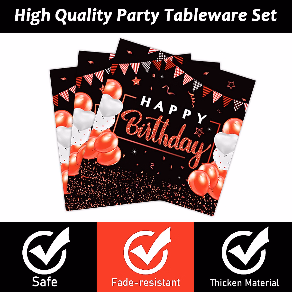 96 Pieces Red and Black Tableware Set Confetti Sprinkles Happy Birthday Party Decorations Table Decors for Men Women Plates Napkins Forks for 24 Guests