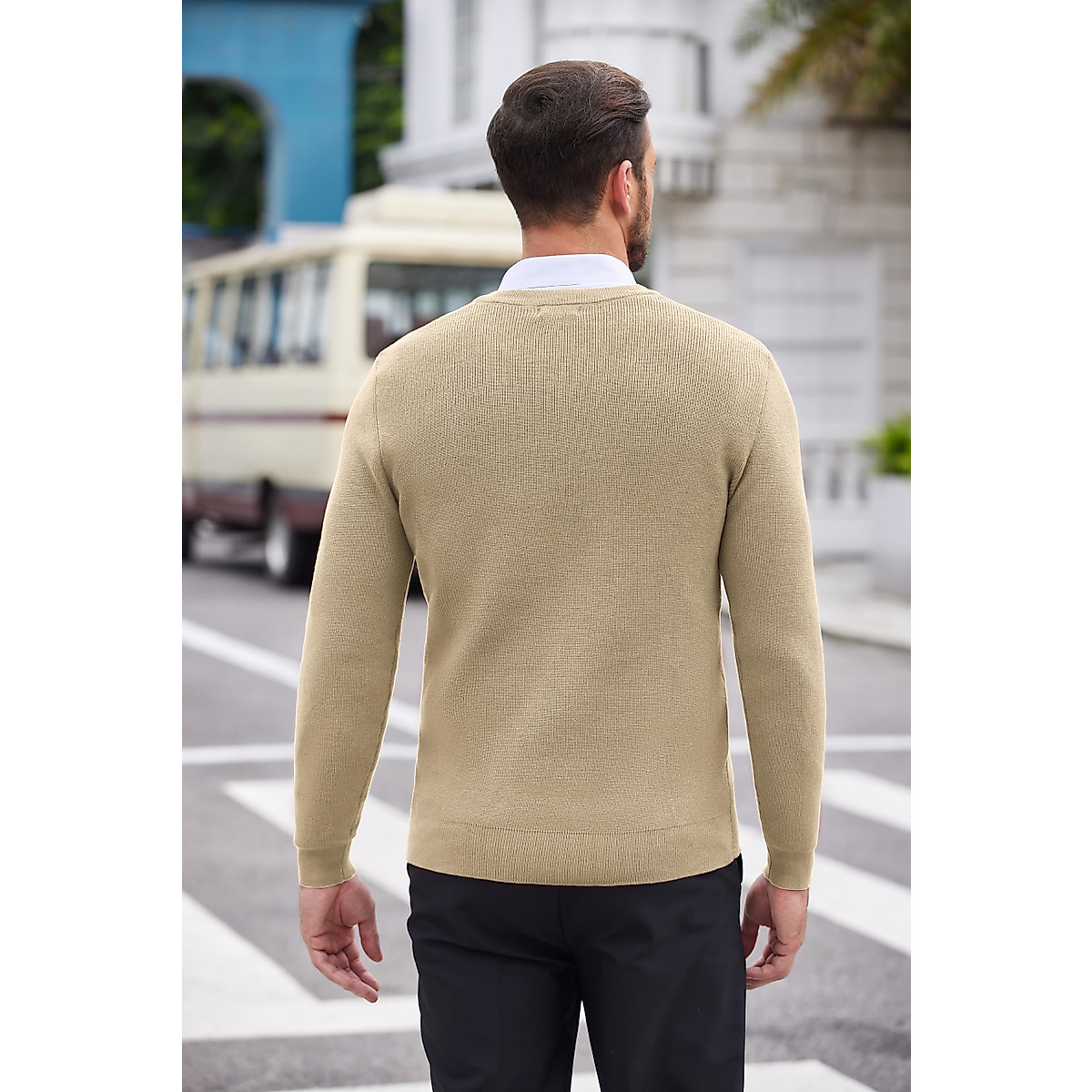 COOFANDY Men V Neck Dress Sweater Knit Long Sleeve Casual Slim Fit Pullover Sweater Khaki