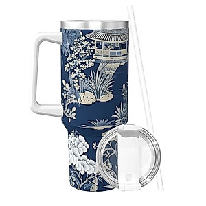 Xiexide 40oz Fits Cup Holder Gifts Ancient Blue And White Chinese Style Chinoiserie Folk Double Walled Vacuum Insulatedith Handle And Straw,Hot & Cold Drinks