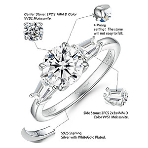 SILVERNANA 3 Stones Moissanite Promise Rings for Women Sterling Silver 1.2ct Round Trapezoid Cut Moissanite Engagement Wedding Ring Size 6
