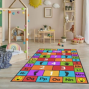 Kid Hopscotch Play Rug, ABC Alphabet Number Educational Carpet, Playroom Classroom Mat Non-Slip Washable (Red 31x47 in)