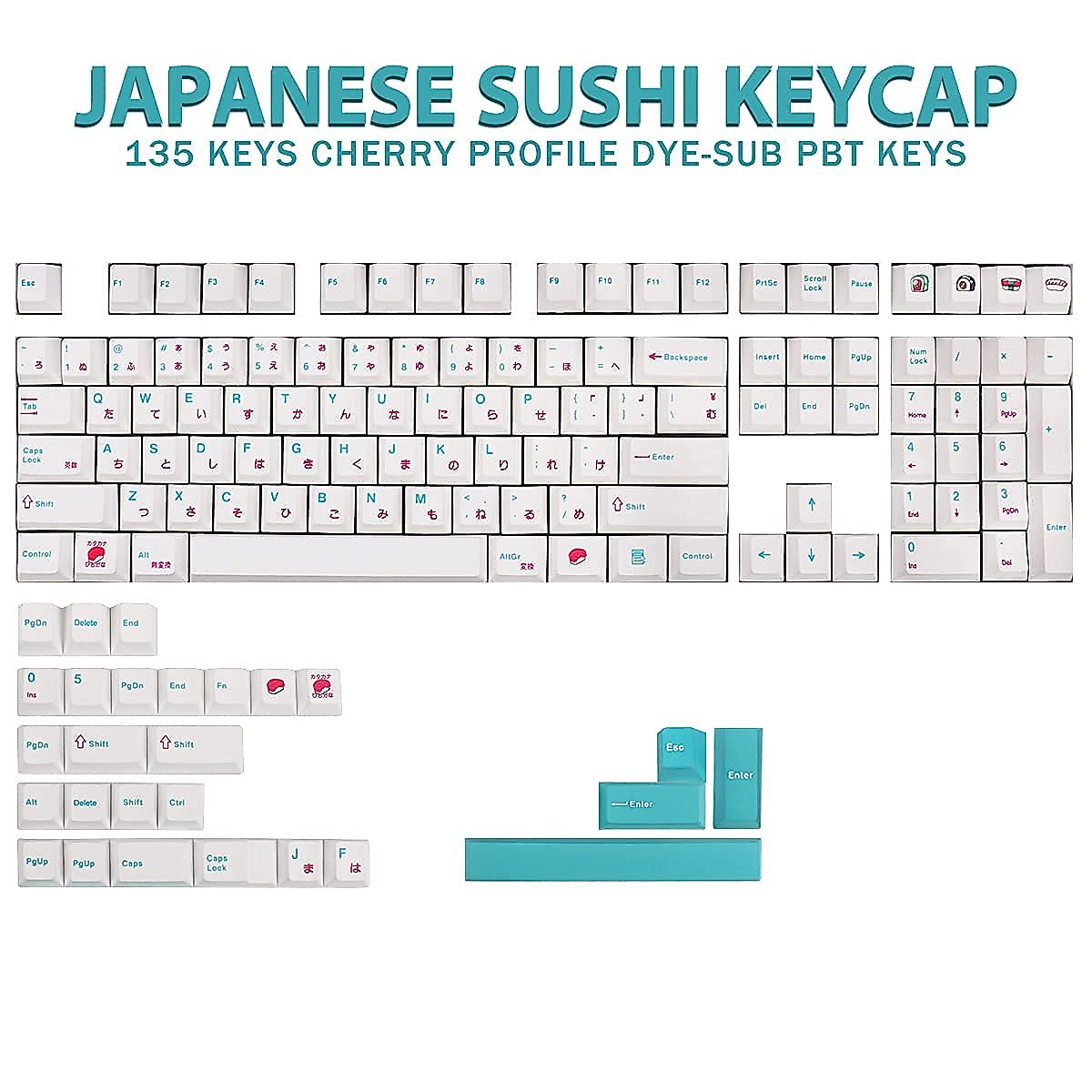 PBT Japanese Keycaps 135 Keys Dye Sublimation Cherry Profile with Key Puller Suitable for 104/87/61 60% MX Cherry Gateron Gaming Keyboard（Sushi Keycaps）