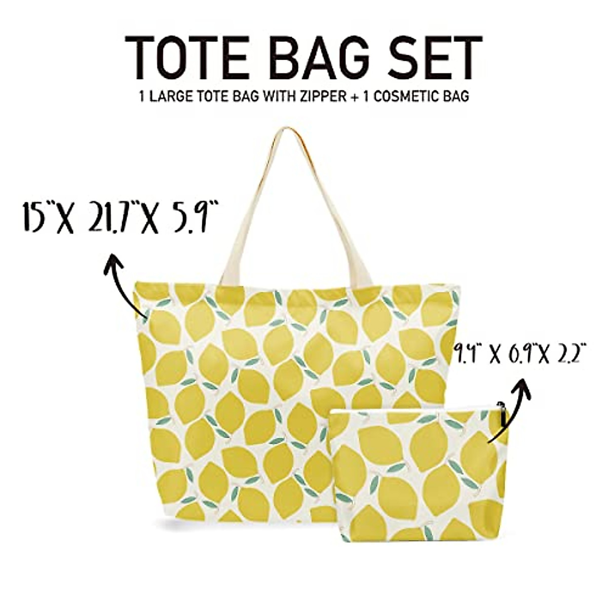 Tote Bag Makeup Bag Lemon Lemon Party Decorations Lemon Print Lemon Gifts Birthday Gift Ideas for Women Girls Best Friend Fruit Lovers Waterproof Tote Bag with Zipper Cosmetic Bag Set of 2