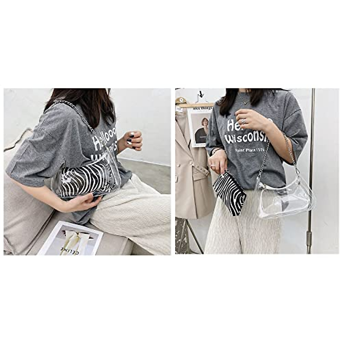 Amamcy Clear Purse Women 2 in 1 Transparent Tote Bag Snakeskin Zebra Cow Print Handbag Purse Hobo Bag with Chain Strap for Girls